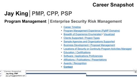 Career Snapshot Jay King Pmp Cpp Psp Pdf