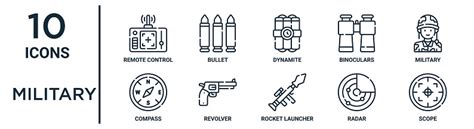 군사 개요 아이콘 세트는 얇은 라인 원격 제어 다이너마이트 군사 반란 레이더 범위 보고서 프레 젠 테이션 다이어그램 웹 디자인을위한 나침반 아이콘을 포함 군사에 대한 스톡