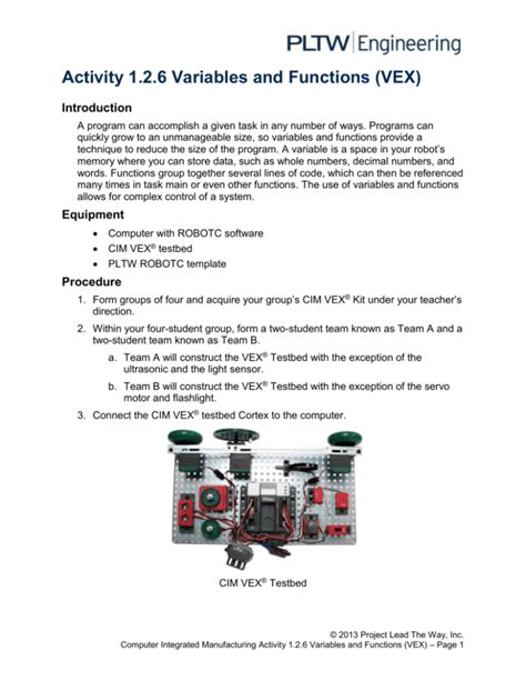 vex robotics variables and functions activity
