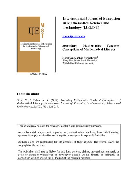 Pdf Secondary Mathematics Teachers Conceptions Of Mathematical Literacy