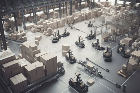 Warehouse With A Variety Of Robots Performing Different Tasks Such As Sorting Goods Or Loading