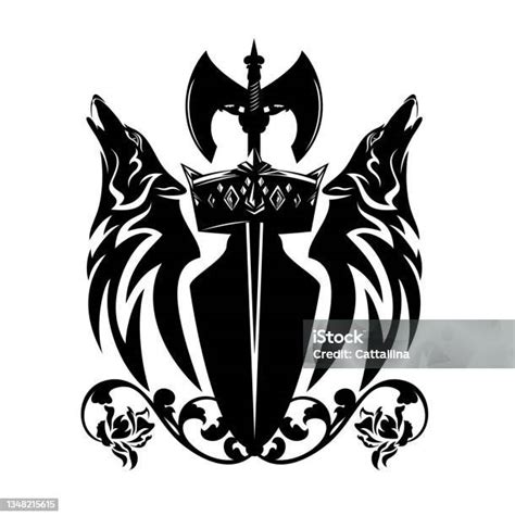 바이킹 전투 도끼 장미 꽃과 로얄 크라운 흑백 벡터 전령 디자인과 울부 짖는 늑대 늑대에 대한 스톡 벡터 아트 및 기타 이미지