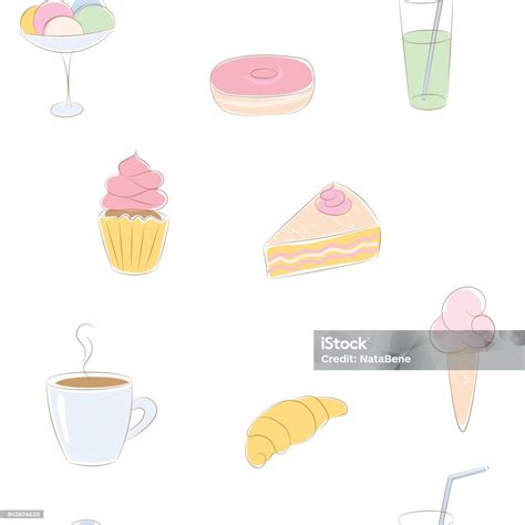 벡터 원활한 패턴 컬러 손으로 그려진 과자 다른 풍미 차 커피 주스 레모네이드 컵 케 익 케이크 크로와 와플 콘에 아이스크림 클리핑 마스크 Eps10입니다 개체 그룹에 대한
