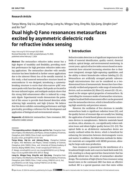 Pdf Dual High Q Fano Resonances Metasurfaces Excited By Asymmetric Dielectric Rods For