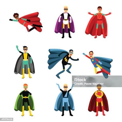 다른 의상에서 남자 슈퍼 영웅이 화려한 벡터 일러스트 레이 션의 설정 귀여운에 대한 스톡 벡터 아트 및 기타 이미지 귀여운 독일 만화 Istock