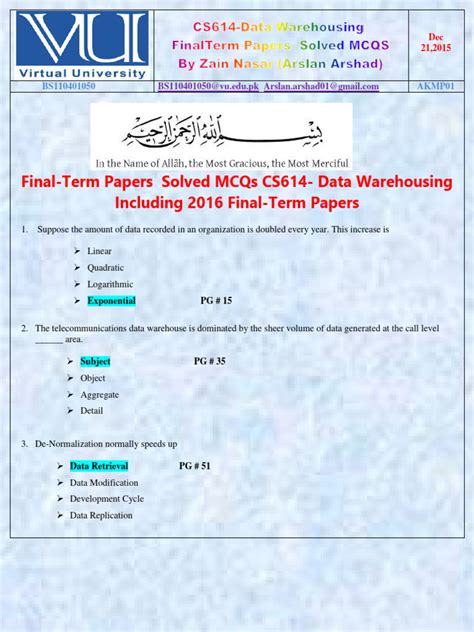 Cs614 Mcqs Zain Pdf Data Warehouse Database Index