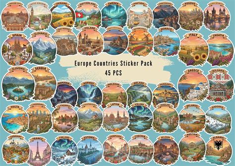 Europe Countries Sticker Pack 45 Pcs Travel Europe Stickers