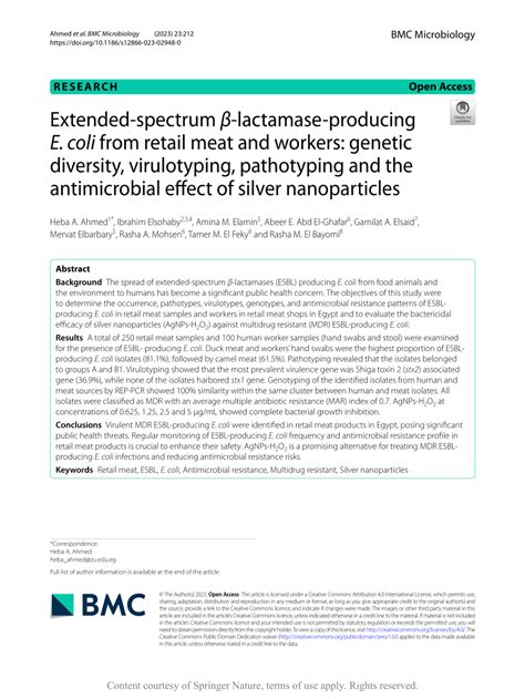Pdf Extended Spectrum β Lactamase Producing E Coli From Retail Meat And Workers Genetic
