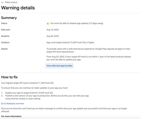 Google Play Console Warning App Must Target Android API Level Or Higher It Does