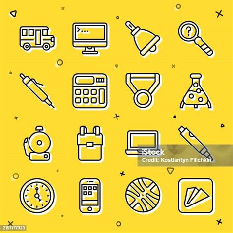 라인 종이 비행기 마커 펜 시험관 및 플라스크 벨 울리기 계산기 펜 스쿨 버스 및 메달 아이콘을 설정합니다 벡터 3위에 대한 스톡 벡터 아트 및 기타 이미지 Istock