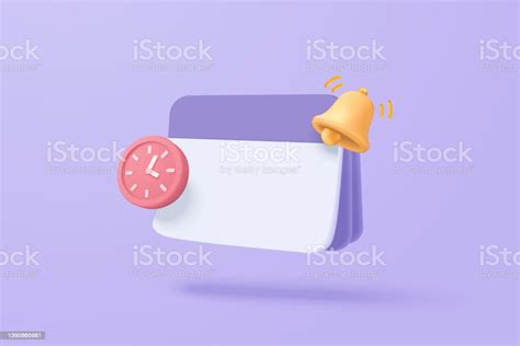 보라색 배경의 달력에 3d 알림 부동 요소가있는 알림 페이지 사업 계획 이벤트 알림 및 백그라운드에서 시간표에 대한 경고 달력에서 렌더링되는 3d 벡터 벨 3차원 형태에