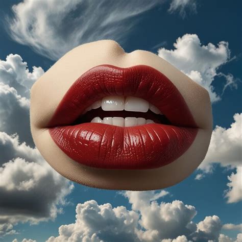 Pair Of Red Puffy Lips Floating Outdoors In Bright Sun Against A Soft