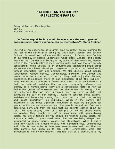 Reflection Paper Finals IN Gensoc REFLECTION PAPER Balogtod Precious Mae Anquilan BSP 1 C