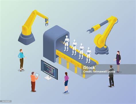 현대적인 아이소메트릭 스타일로 공장에서 개발자와 함께하는 로봇 대규모 개발 3차원 형태에 대한 스톡 벡터 아트 및 기타 이미지 3차원 형태 개념 개념과 주제 Istock