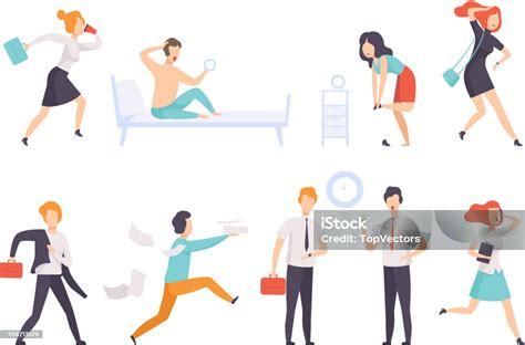 출근하는 사람들 사업가 캐릭터는 흰색 배경에 작업 벡터 일러스트레이션에 늦습니다 가방에 대한 스톡 벡터 아트 및 기타 이미지 가방 개념 경영자 Istock