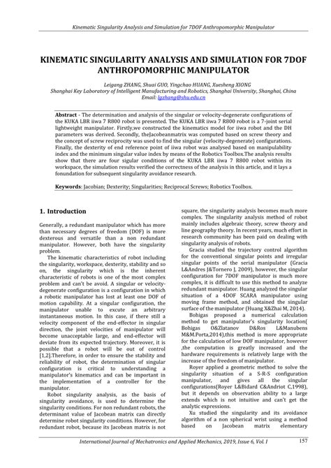 Pdf Kinematic Singularity Analysis And Simulation For 7dof Anthropomorphic Manipulator