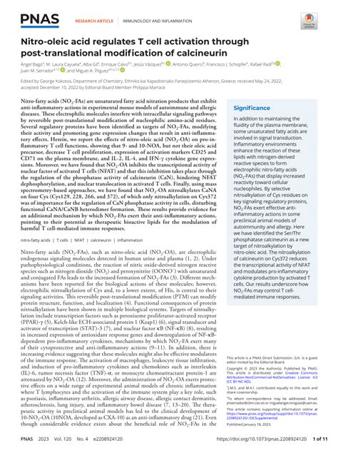 Pdf Nitro Oleic Acid Regulates T Cell Activation Through Post Translational Modification Of