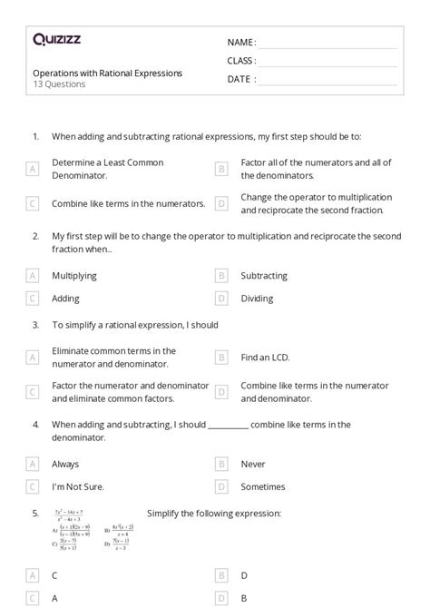50 Rational Expressions Worksheets For 9th Class On Quizizz Free And Printable