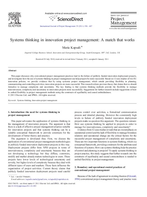 Pdf Systems Thinking In Innovation Project Management A Match That Works
