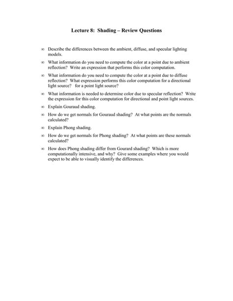 Shading Review Questions Lighting Shading Models