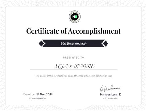 sejal bedre on linkedin sql hackerrank dataskills certificates