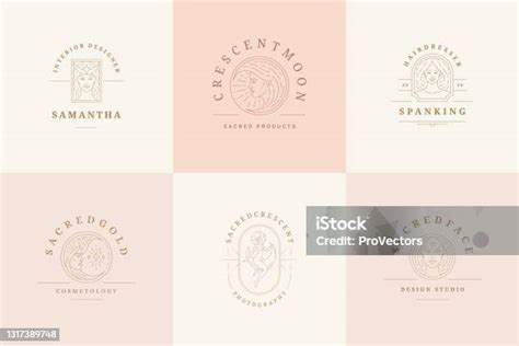 여성 심볼 엠블럼 디자인 템플릿 세트 매직 여성 벡터 일러스트 최소한의 선형 스타일 0명에 대한 스톡 벡터 아트 및 기타 이미지