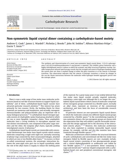 Pdf Non Symmetric Liquid Crystal Dimer Containing A Carbohydrate