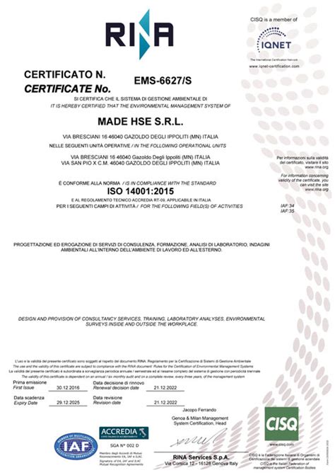 Certificato Rina Gestione Ambientale Iso 14001 2015 Certificazioni Azienda