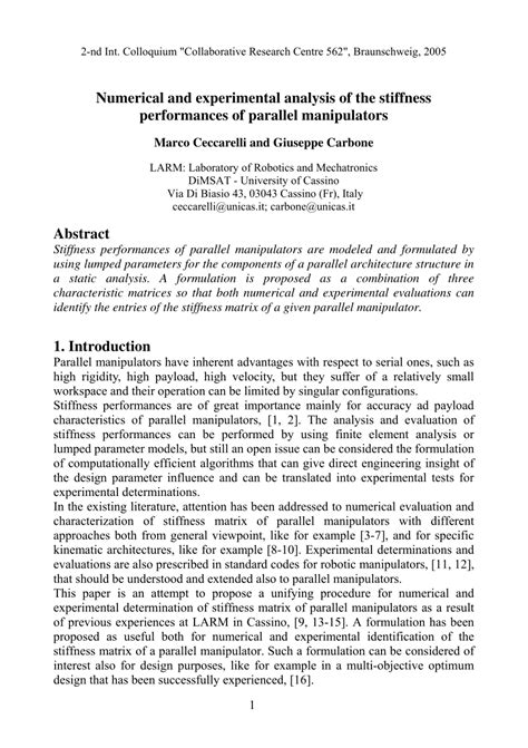 Pdf Numerical And Experimental Analysis Of The Stiffness Performance