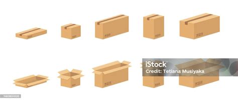 다른 갈색 판지 포장 상자 세트 골판지 상자 모형 모음입니다 깨지기 쉬운 표시가 있는 상자 개폐 상자 소포 포장 템플릿입니다 벡터 그림 0명에 대한 스톡 벡터 아트 및 기타