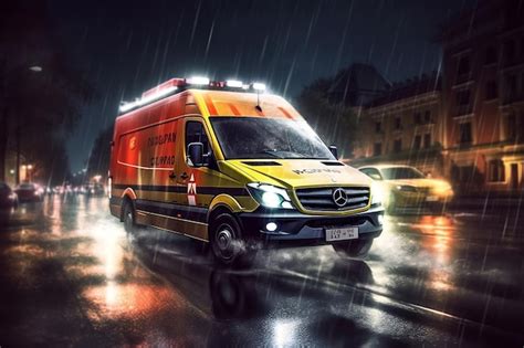 Premium Ai Image Dynamic Ambulance Racing Through Rain On A Stormy Night Generative Ai