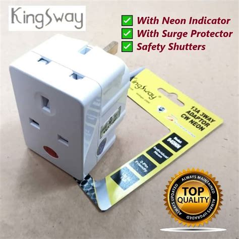 Sirim Kingsway 13a 3 Way Adaptor Cw Neon With Safety Shutter And Surge Protector Lazada