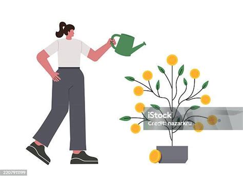 머니 트리 성장 사업 투자 개념 수익과 소득 은유 여자 캐릭터 물 돈 나무 개념에 대한 스톡 벡터 아트 및 기타 이미지 개념 경영자 경제 Istock