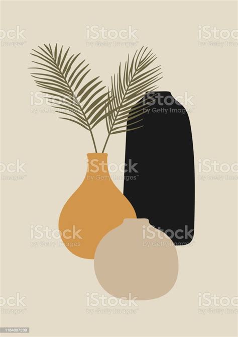 인사말 카드 초대장 포스터를위한 A4 형식 디자인 꽃병과 야자수 잎 추상적 인 현대 미니멀 한 그림 스톡 벡터 일러스트레이션입니다 0명에 대한 스톡 벡터 아트 및 기타