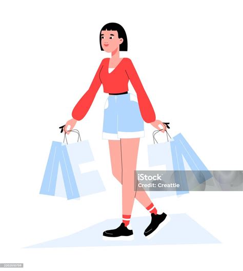 여성 쇼핑객은 소매 치료 쇼핑 흥분 그리고 소비주의를 상징하는 플랫 벡터 일러스트 레이 션에서 쇼핑백을 운반 흰색 배경에 고립되어 있습니다 걷기에 대한 스톡 벡터 아트 및