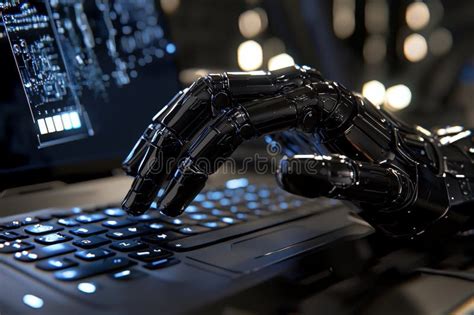 a robotic hand types on a laptop keyboard quickly and accurately stock