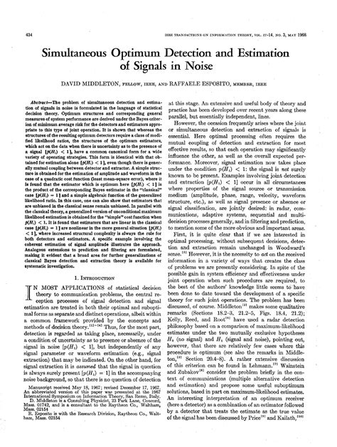 Simultaneous Optimum Detection And Estimation Of Signals 434 Ieee Transactions On Information