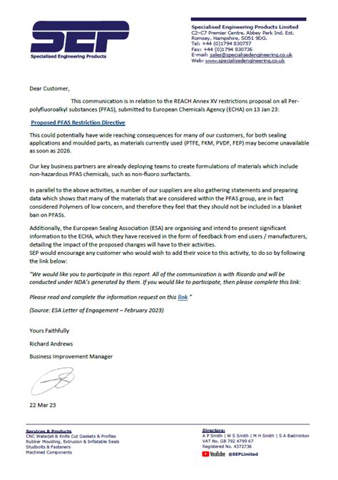 PFAS Restriction Proposal Specialised Engineering Products SEP