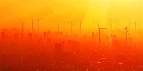 Abstract Digital Art Of Wind Turbines In Modern Cityscape With Orange