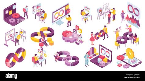 Devops Engineering Isometric Set With Color Infinity Symbol Cogwheels Characters Of Programmers