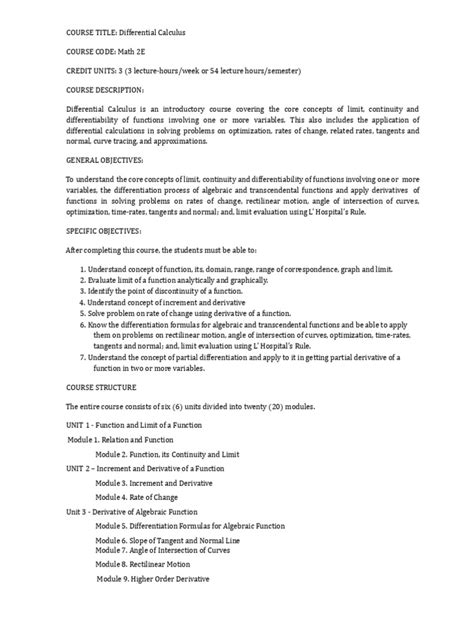 Syllabus On Differential Calculus Pdf Function Mathematics Derivative