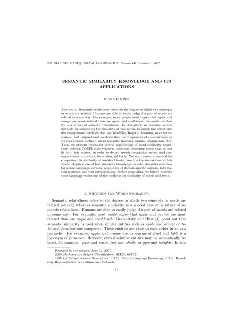Pdf Semantic Similarity Knowledge And Its Applications