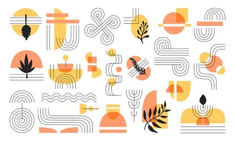 미적 스트라이프 라인 아트 스칸디나비아 미니멀리스트 모양과 현대적인 그래픽의 균형 미드 센츄리 기하학 디자인 파도와 아치