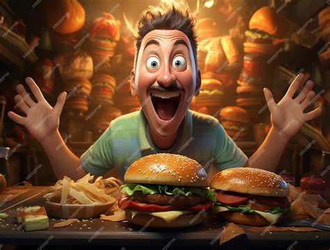 3d Delicious Burger With Excited Man Ai Generated Image