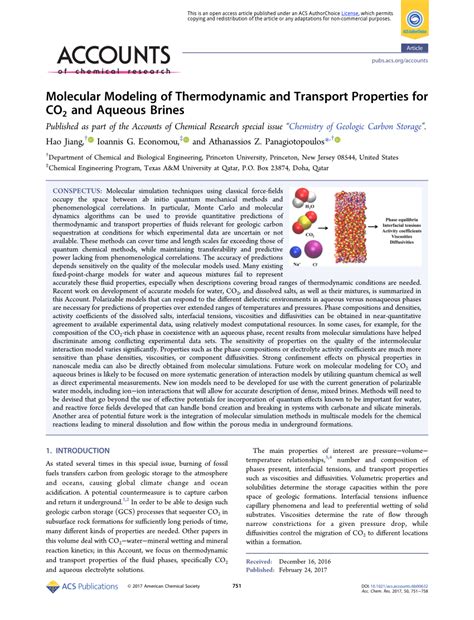 Pdf Molecular Modeling Of Thermodynamic And Transport Properties For Co 2 And Aqueous Brines