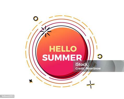안녕하세요 여름 텍스트는 주변에 기하학적 모양이 있는 양식화된 태양 모양 안에 있습니다 벡터 배너 또는 그래픽 요소 그림 계절에 대한 스톡 벡터 아트 및 기타 이미지