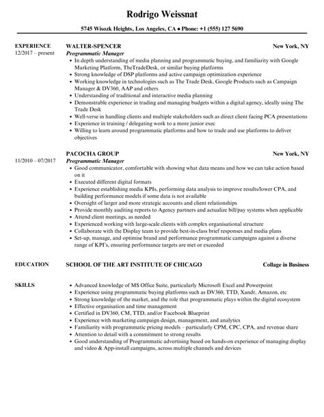 Programmatic Manager Resume Samples Velvet Jobs