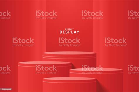 스튜디오 룸에 있는 추상적인 빨간색 3d 배경 기하학적 모양의 배경이 있는 사실적인 3d 실린더 연단 받침대 모형 또는 제품