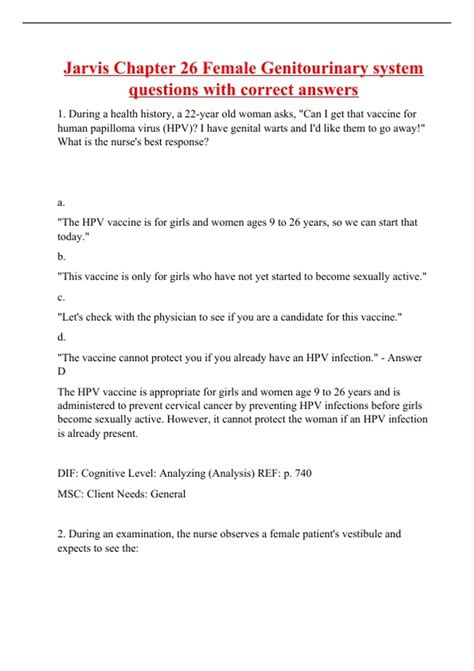 Jarvis Chapter Female Genitourinary System Questions With Correct Answers Jarvis Stuvia US