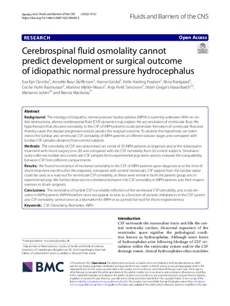 Pdf Cerebrospinal Fluid Osmolality Cannot Predict Development Or Surgical Outcome Of